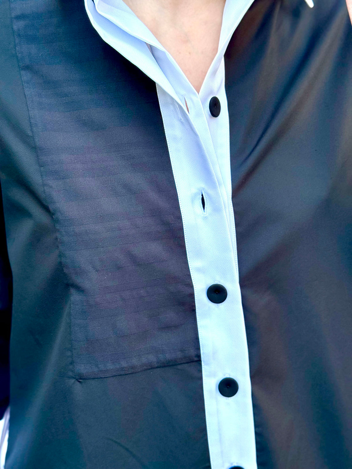 BRANT - Black Plain Cotton Knee Lenght Dress Double Placket Bib Front ...